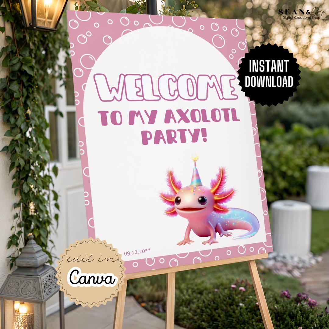 Editable Pink Axolotl Welcome Sign Template, Kawaii Axolotl Custom Sign ...