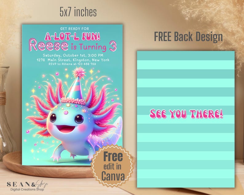 Editable Axolotl Birthday Invitation for Kids, Pink Girl Axolotl Invite ...