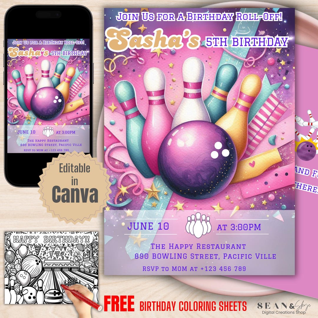 Editable Bowling Party Theme, Bowling Party Invitation, Editable Girl ...