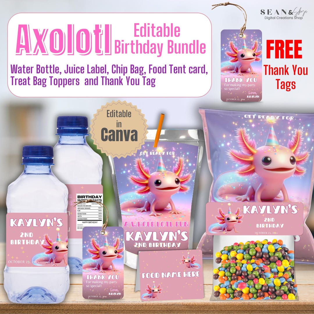 Axolotl Birthday Party Bundle,editable Pink Axolotl,cute Axolotl ...