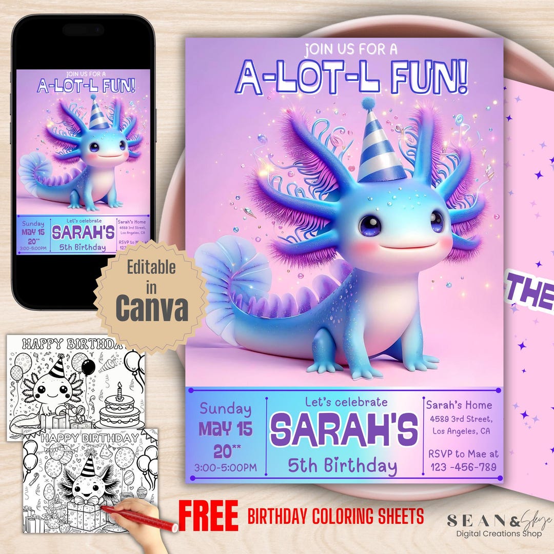 Invitación de cumpleaños editable de axolotl para niños, invitación de ...