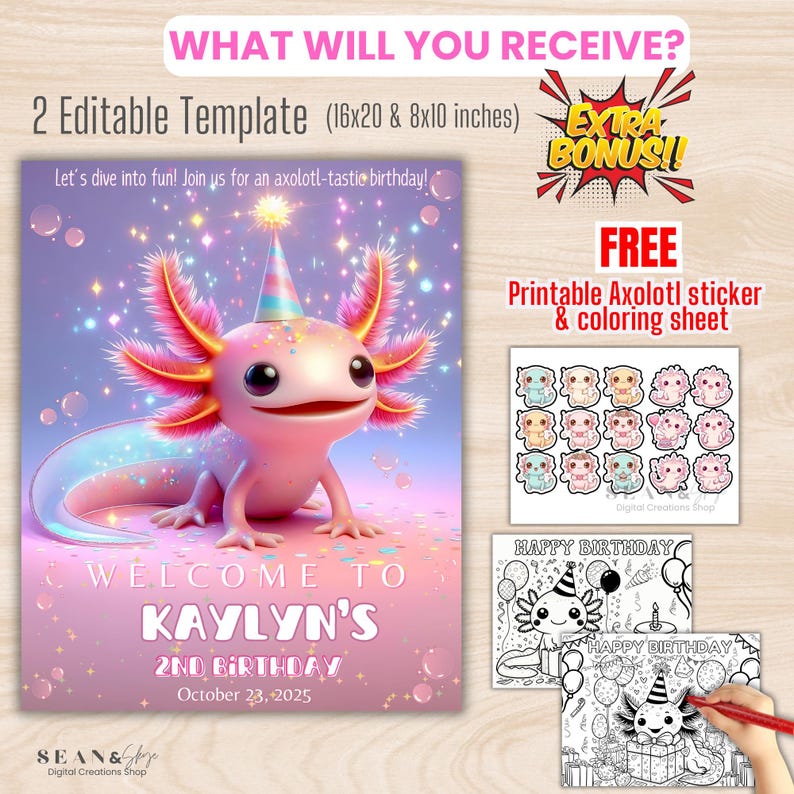 Axolotl Birthday Welcome Sign Template, Kawaii Girl Axolotl, Cute ...