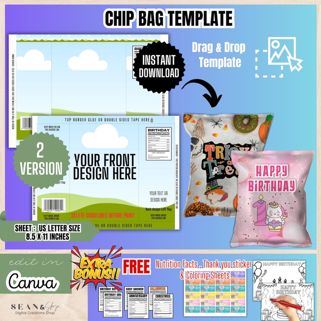 Chip Bag Template, Custom Chip Bag Template, Party Decorations, Instant ...
