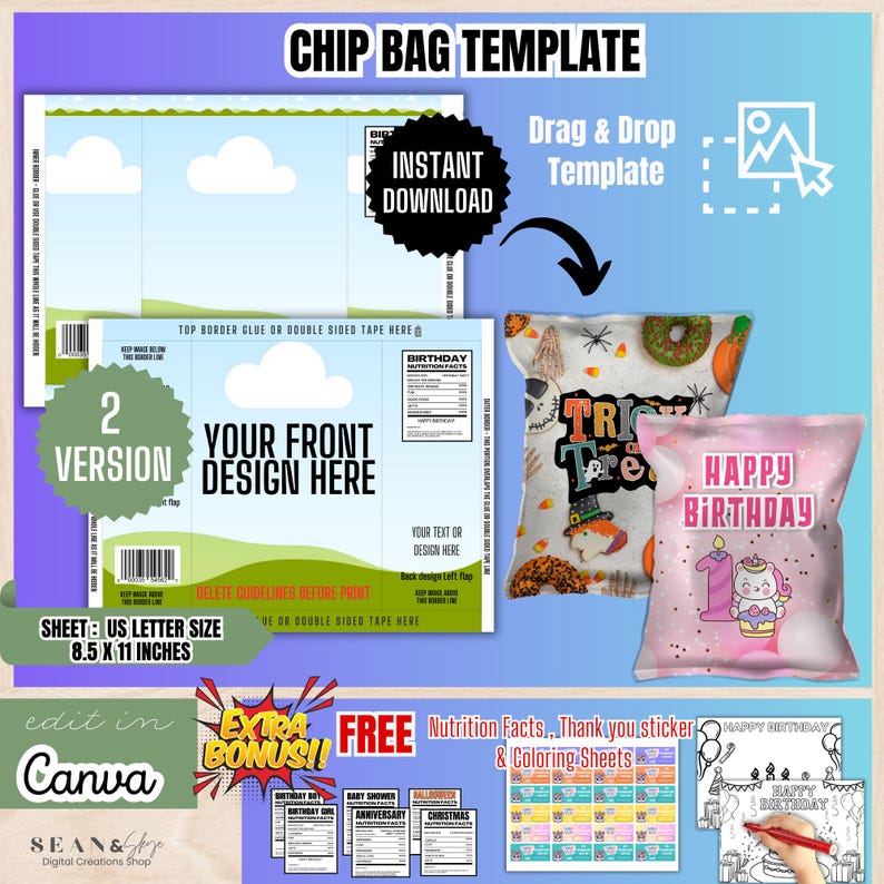 Chip Bag Template, Custom Chip Bag Template, Party Decorations, Instant ...