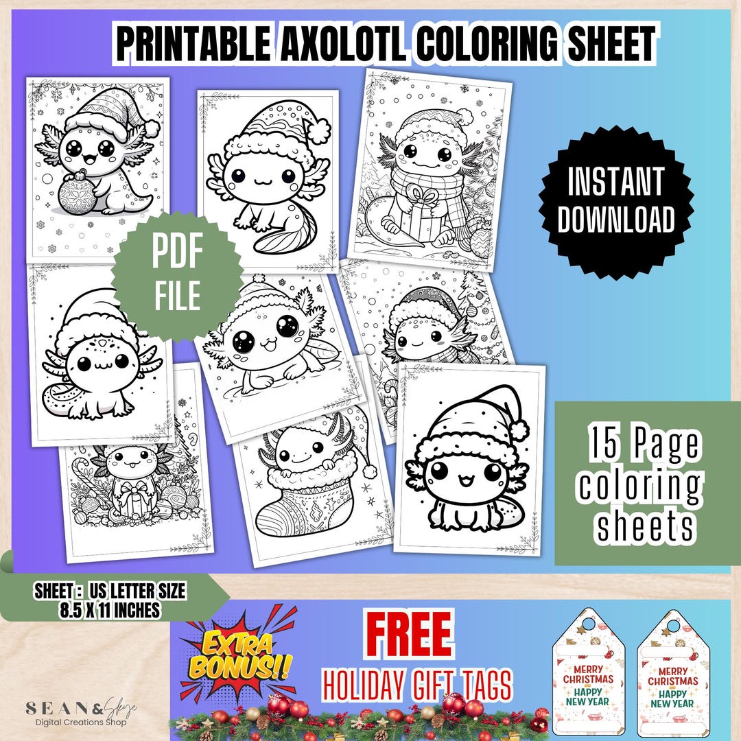 Printable Axolotl Christmas Coloring Page,kids Axolotl,cute Axolotl ...