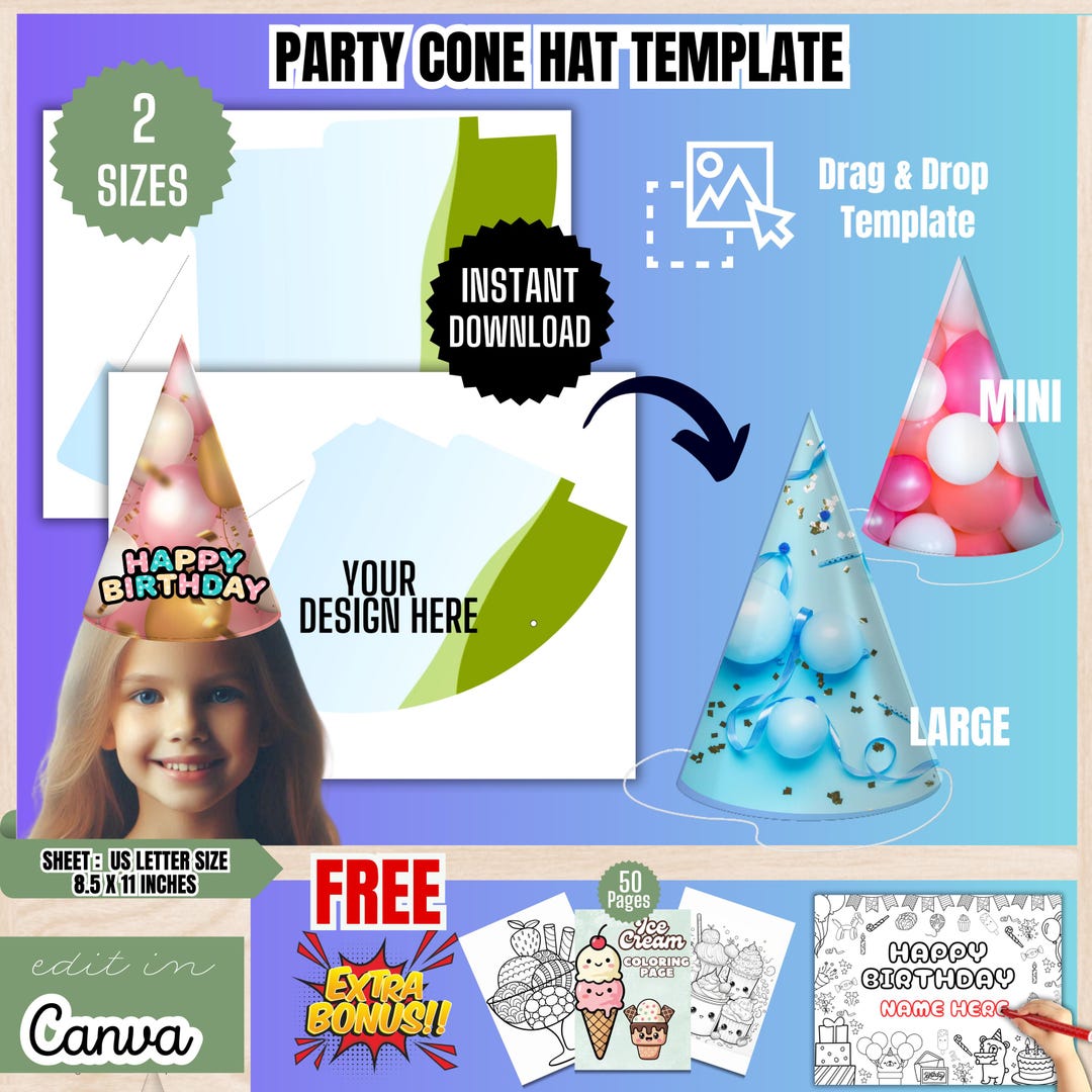 Party Hat Templates, Custom Party Hat, DIY Party Hat, Paper Hat ...