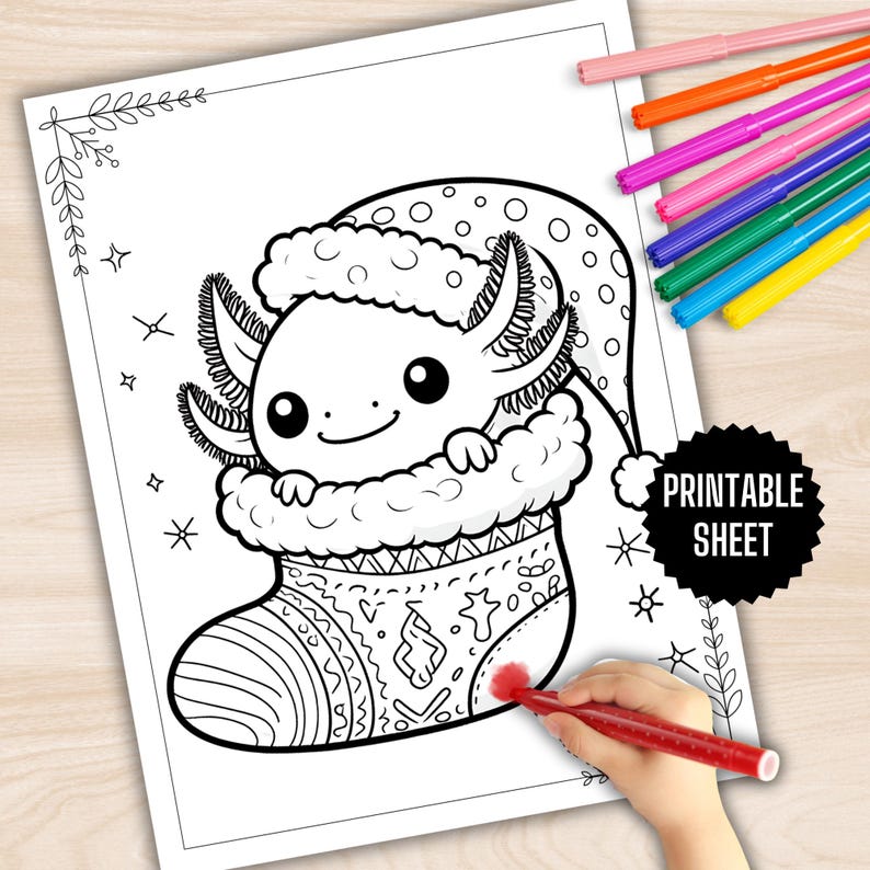 Printable Axolotl Christmas Coloring Page,kids Axolotl,cute Axolotl ...