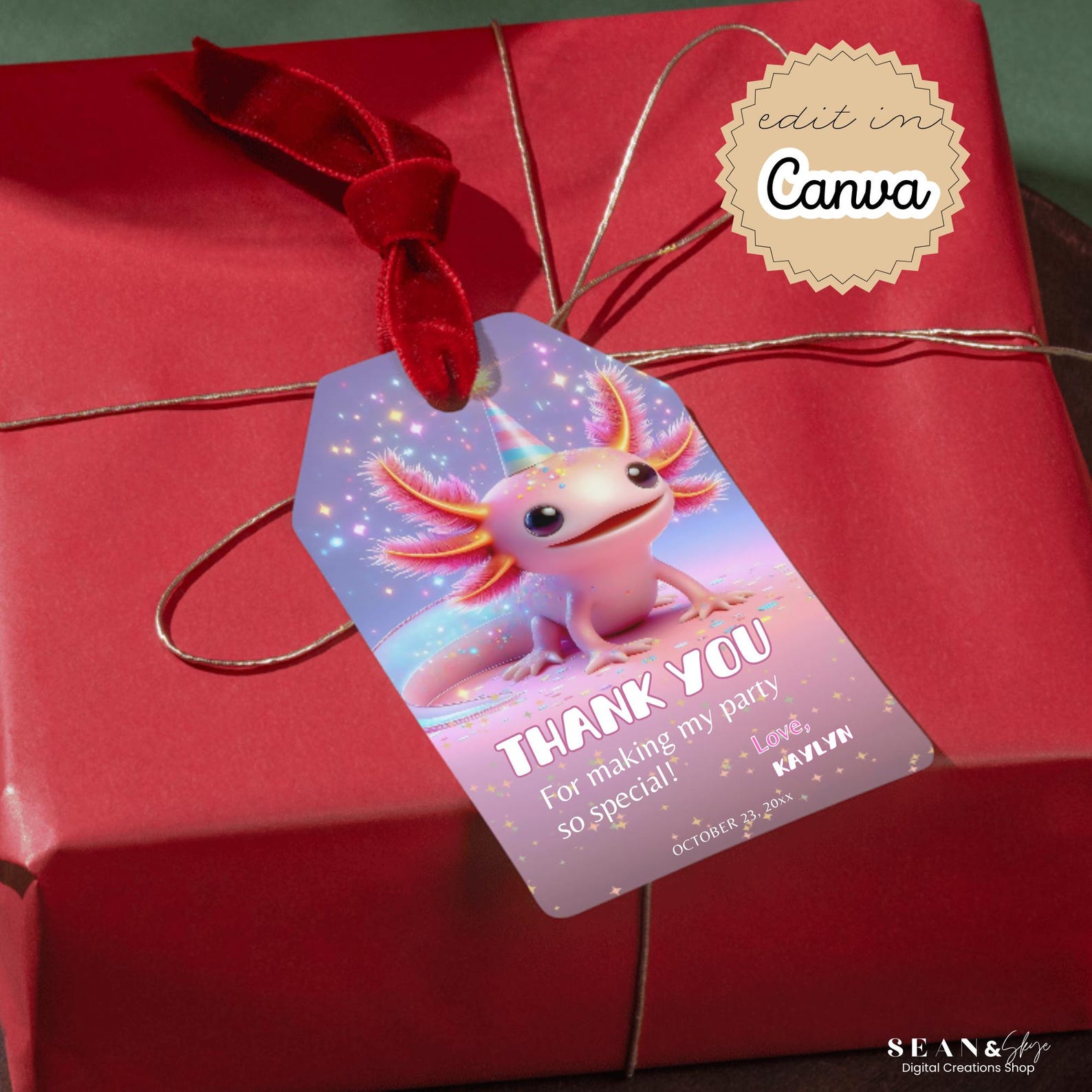Editable Axolotl Thank You Tags,baby Axolotl, Kawaii Axolotl , Party ...
