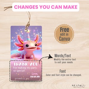 Editable Axolotl Thank You Tags,baby Axolotl, Kawaii Axolotl , Party ...