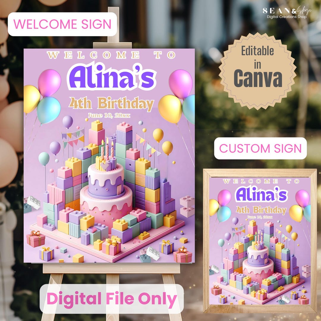 Editable Building Blocks Birthday Welcome Sign, Editable Girl Birthday ...