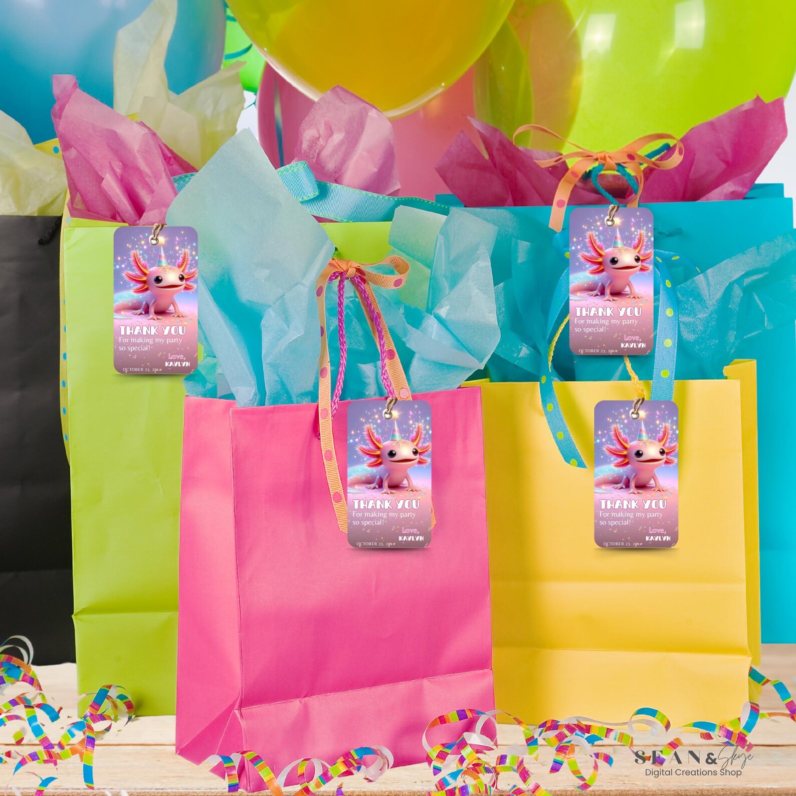 Editable Axolotl Thank You Tags,baby Axolotl, Kawaii Axolotl , Party ...