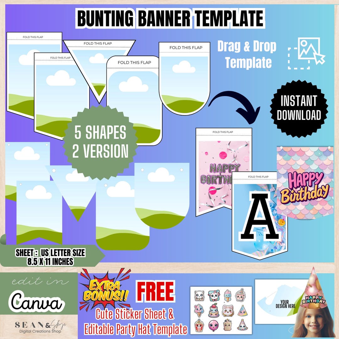 Bunting Banner Template Bundle, Birthday Garland, Flag Banner, Party ...