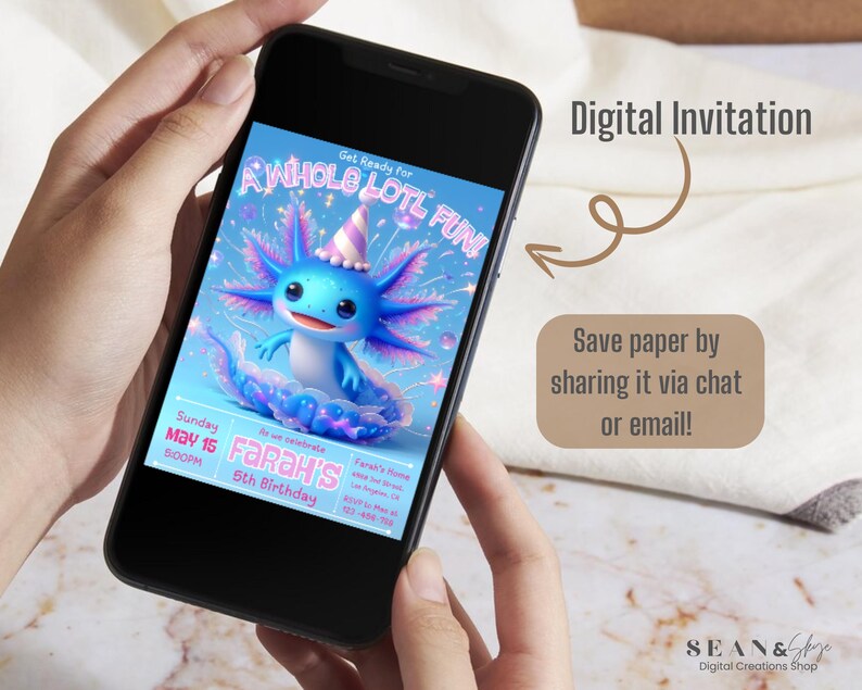 Editable Axolotl Birthday Invitation for Kids, Pink Girl Axolotl Invite ...