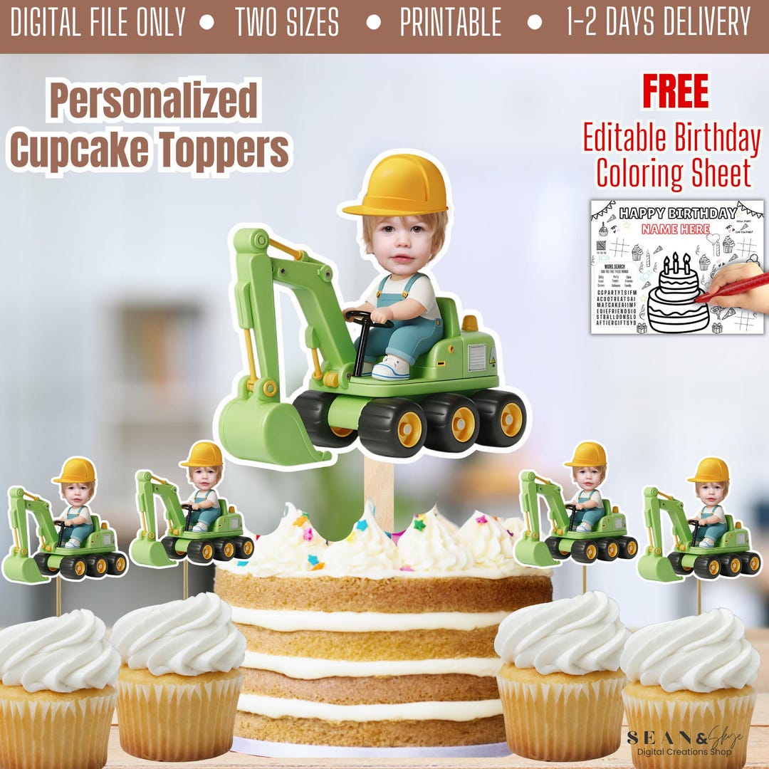 Construction Truck Face Cupcake Toppers, Excavator Birthday Party ...
