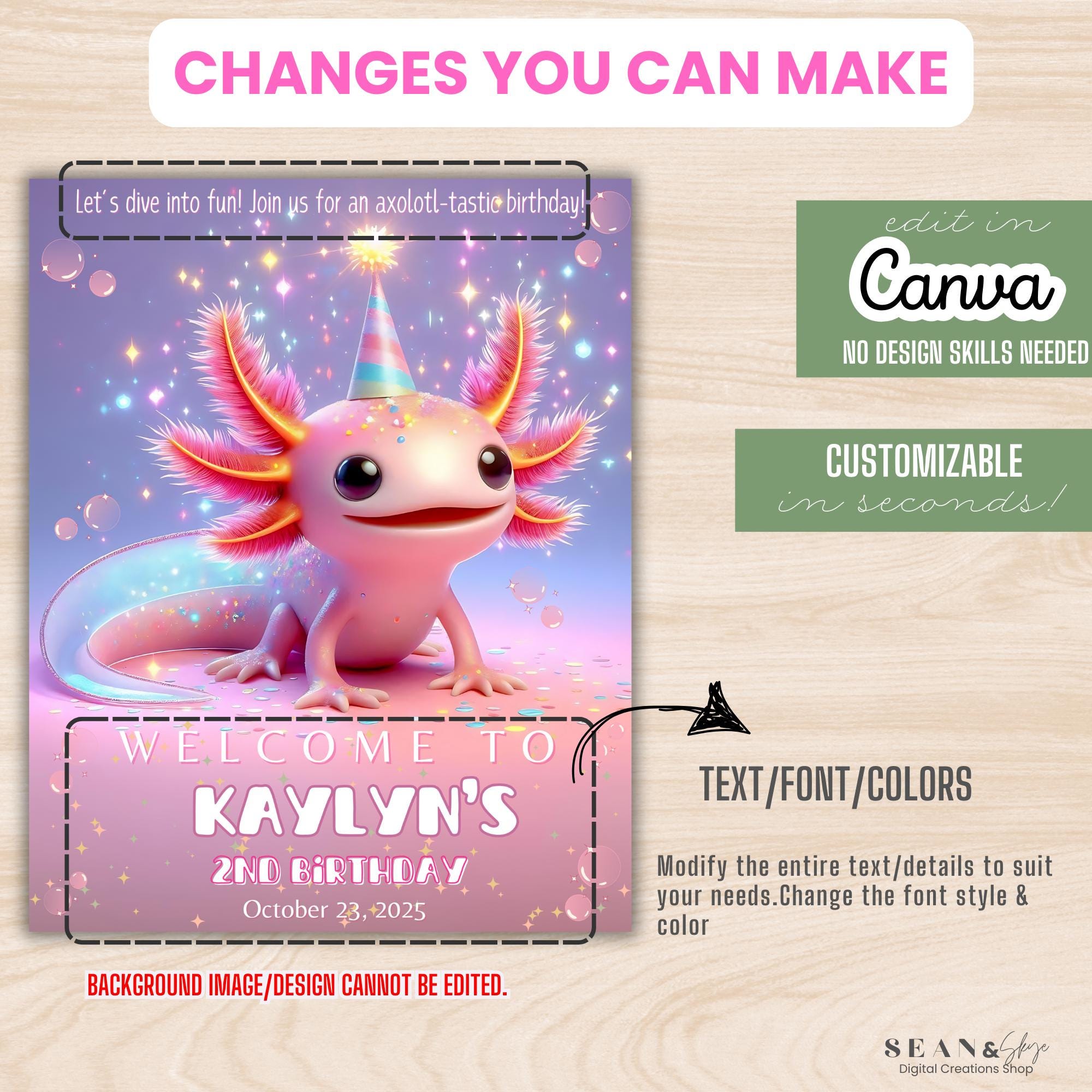 Editable Axolotl Welcome Sign Template, Kawaii Girl Axolotl ...
