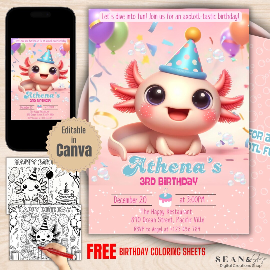 Editable Axolotl Birthday Invitation for Kids, Kawaii Axolotl Invite ...