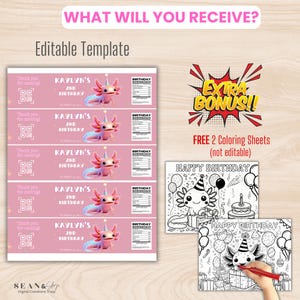 Editable Axolotl Water Bottle Label, Pink Girl Axolotl,axolotl Party ...