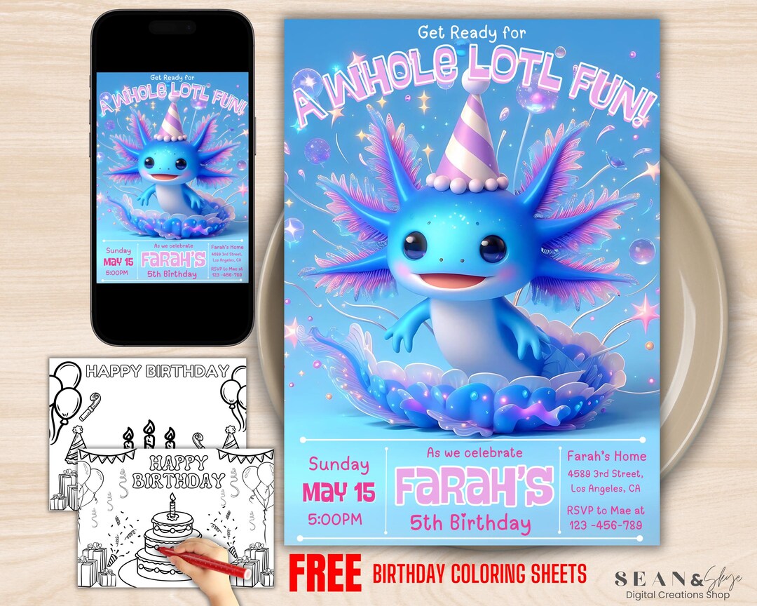 Editable Axolotl Birthday Invitation for Kids, Pink Girl Axolotl Invite ...