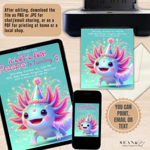 Editable Axolotl Birthday Invitation for Kids, Pink Girl Axolotl Invite ...