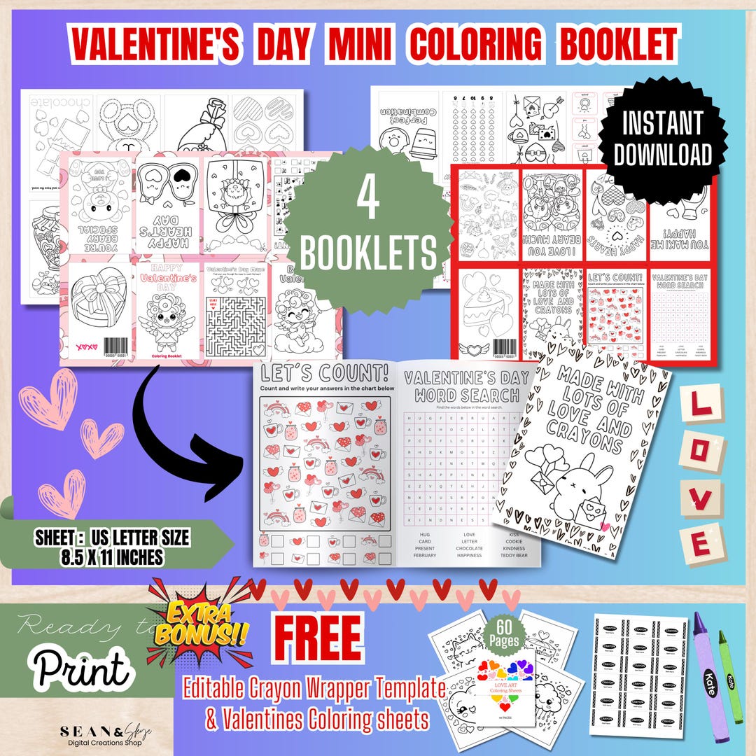 Printable Valentine's Mini Coloring Booklet for Kids, Valentine's Day ...