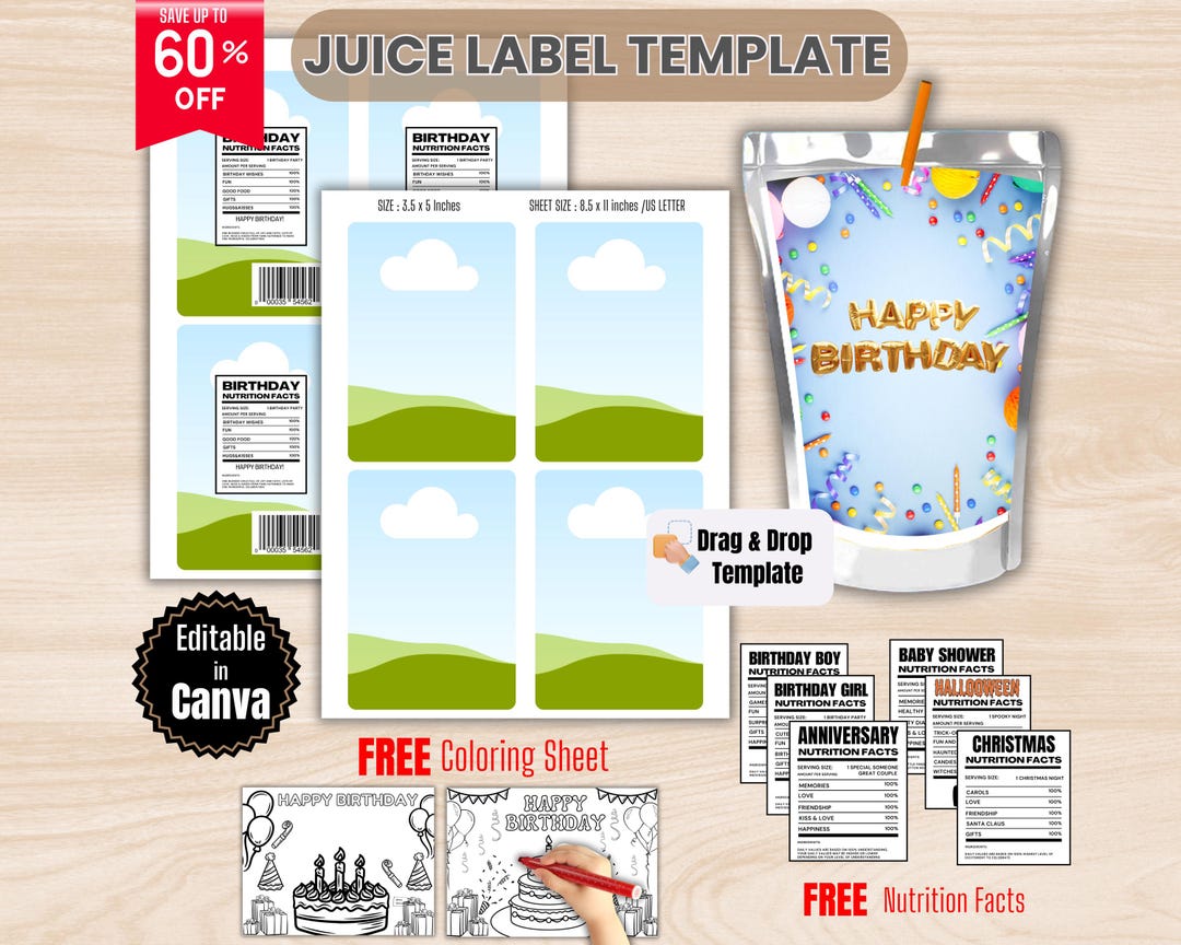 Capri Sun Template, Capri Sun Party Favor, Juice Pouch Label, Birthday ...