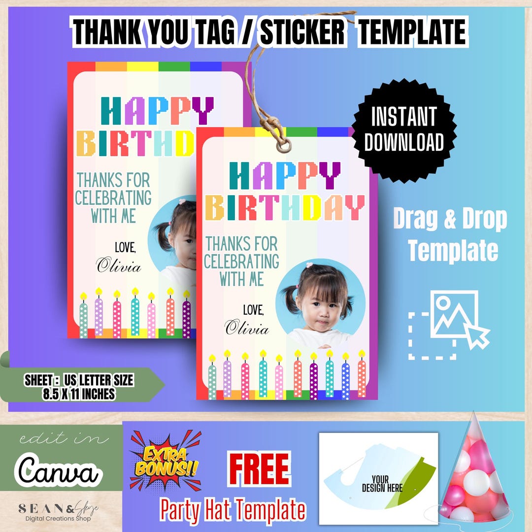 Happy Birthday Gift Tag, Editable Birthday Stickers, Party Favor Labels ...
