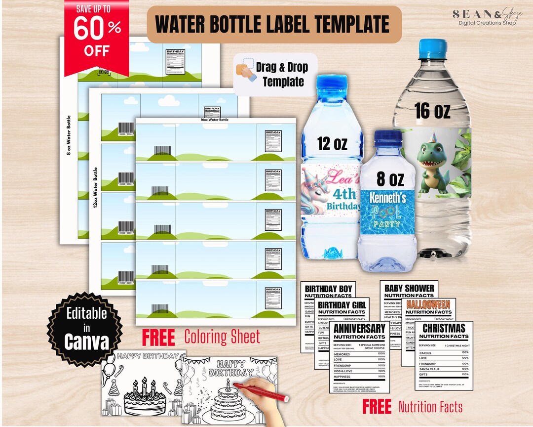 8oz, 12oz, 16oz Water Bottle Label Template, Bottle Sticker Labels ...