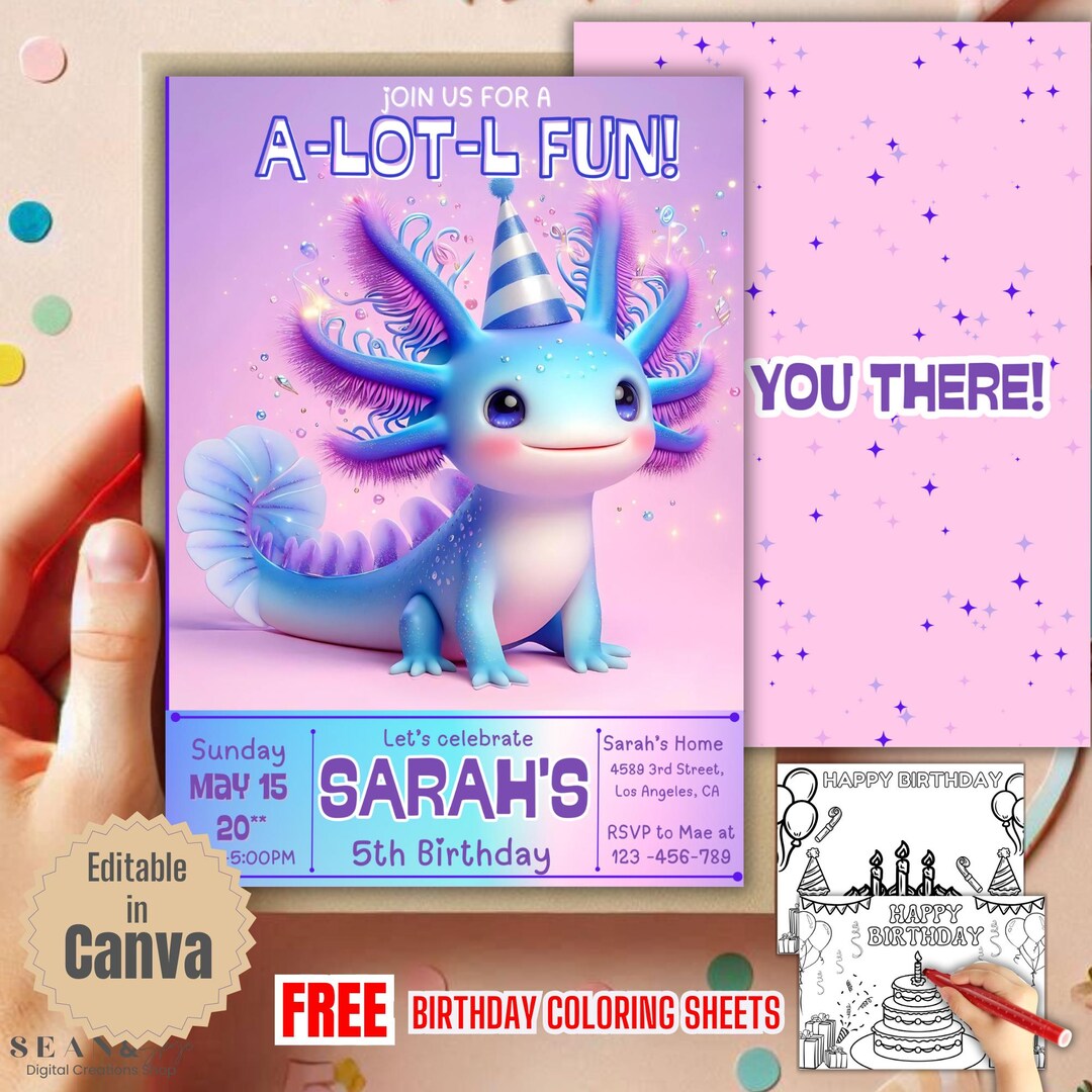 Axolotl Birthday Party Invitation, Purple Girl Axolotl Invite ...