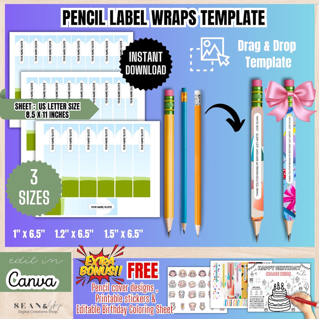 Pencil Cover Template, Editable Pencil Sleeve for Party Favors, Pencil ...