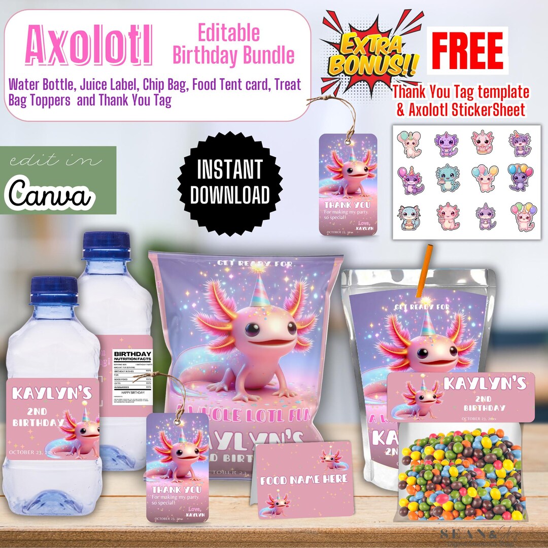 Baby Axolotl Birthday Party Bundle,pink Axolotl, Cute Axolotl, Axolotl ...