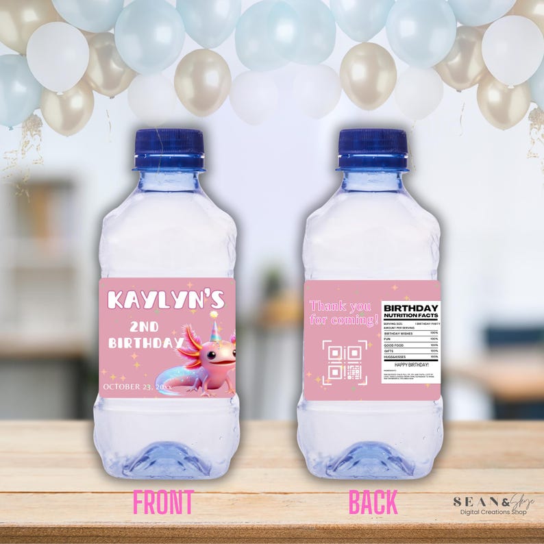 Editable Axolotl Water Bottle Label, Pink Girl Axolotl,axolotl Party ...