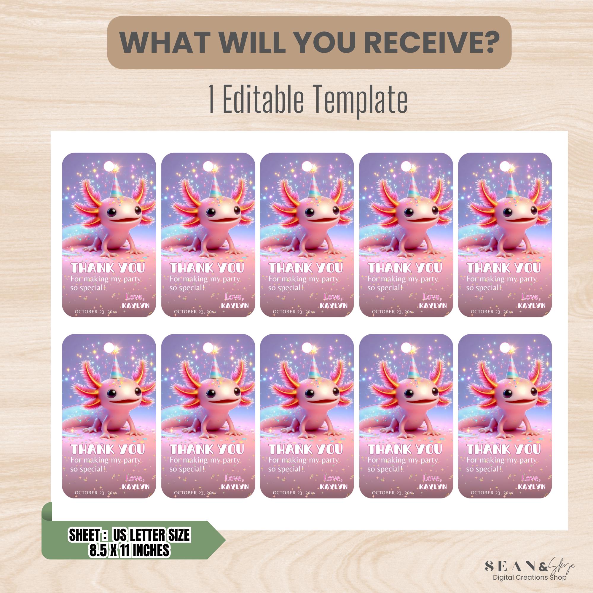 Editable Axolotl Thank You Tags,baby Axolotl, Kawaii Axolotl , Party ...