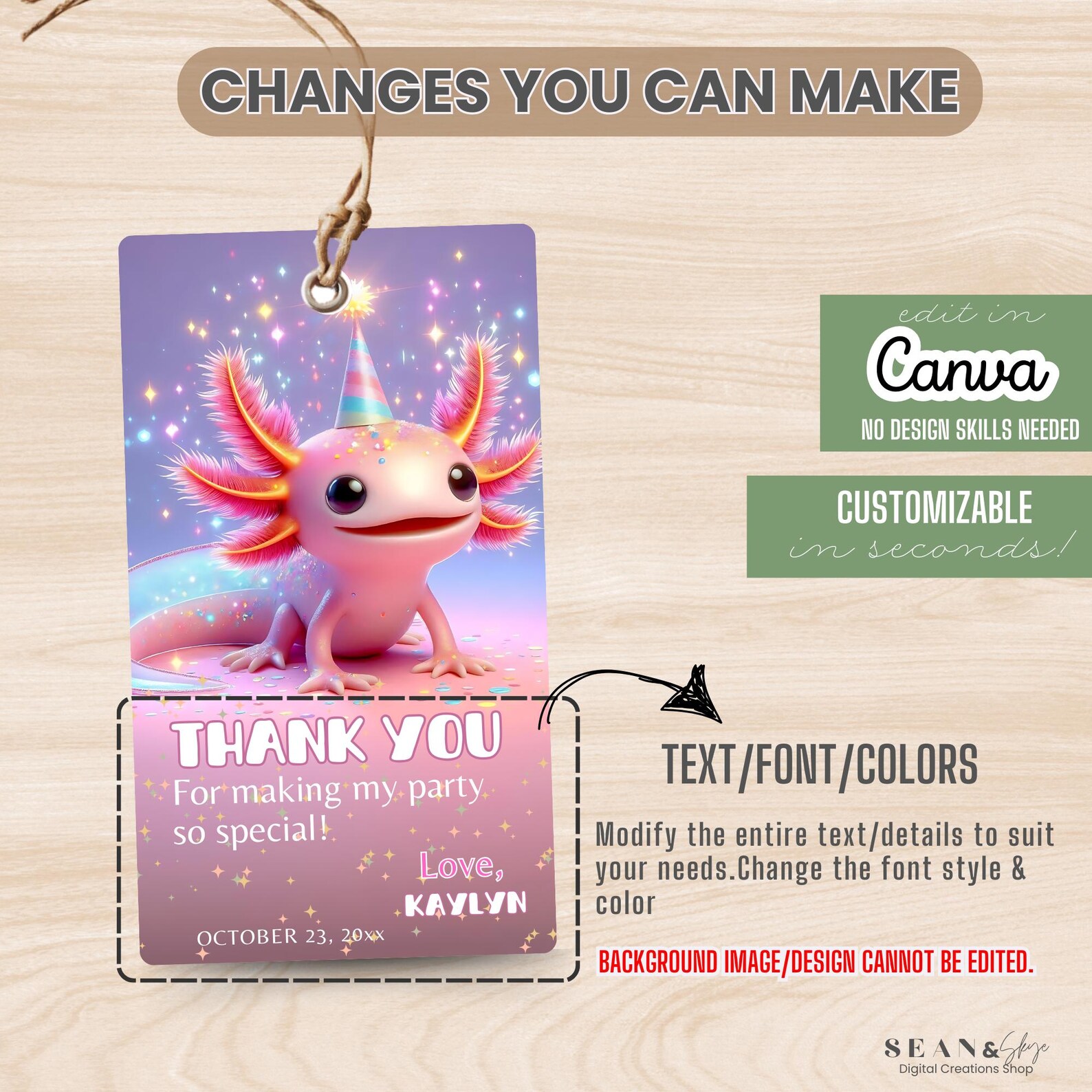 Editable Axolotl Thank You Tags,baby Axolotl, Kawaii Axolotl , Party ...