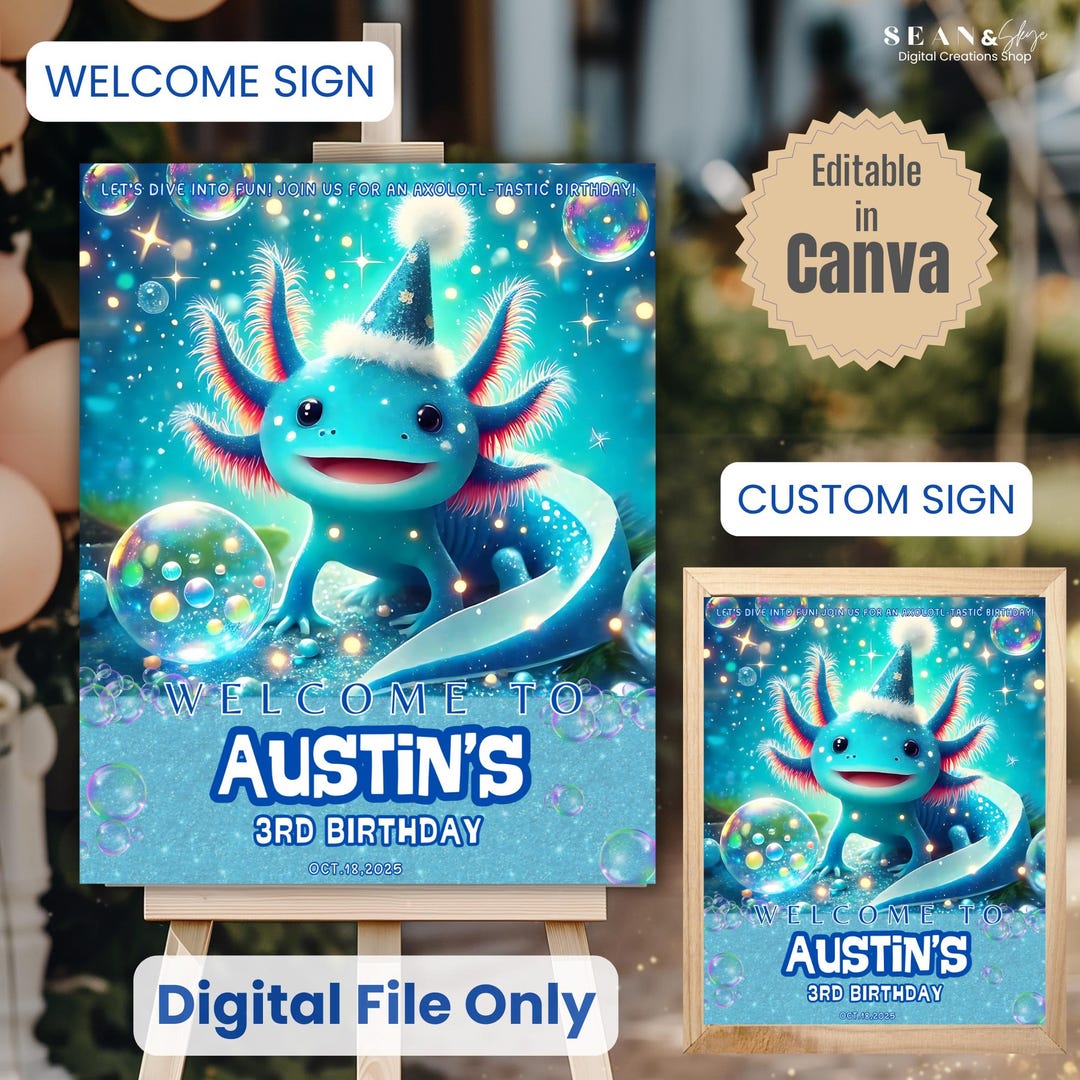 Kawaii Axolotl Birthday Welcome Sign, Blue Boy Axolotl, Cute Axolotl ...