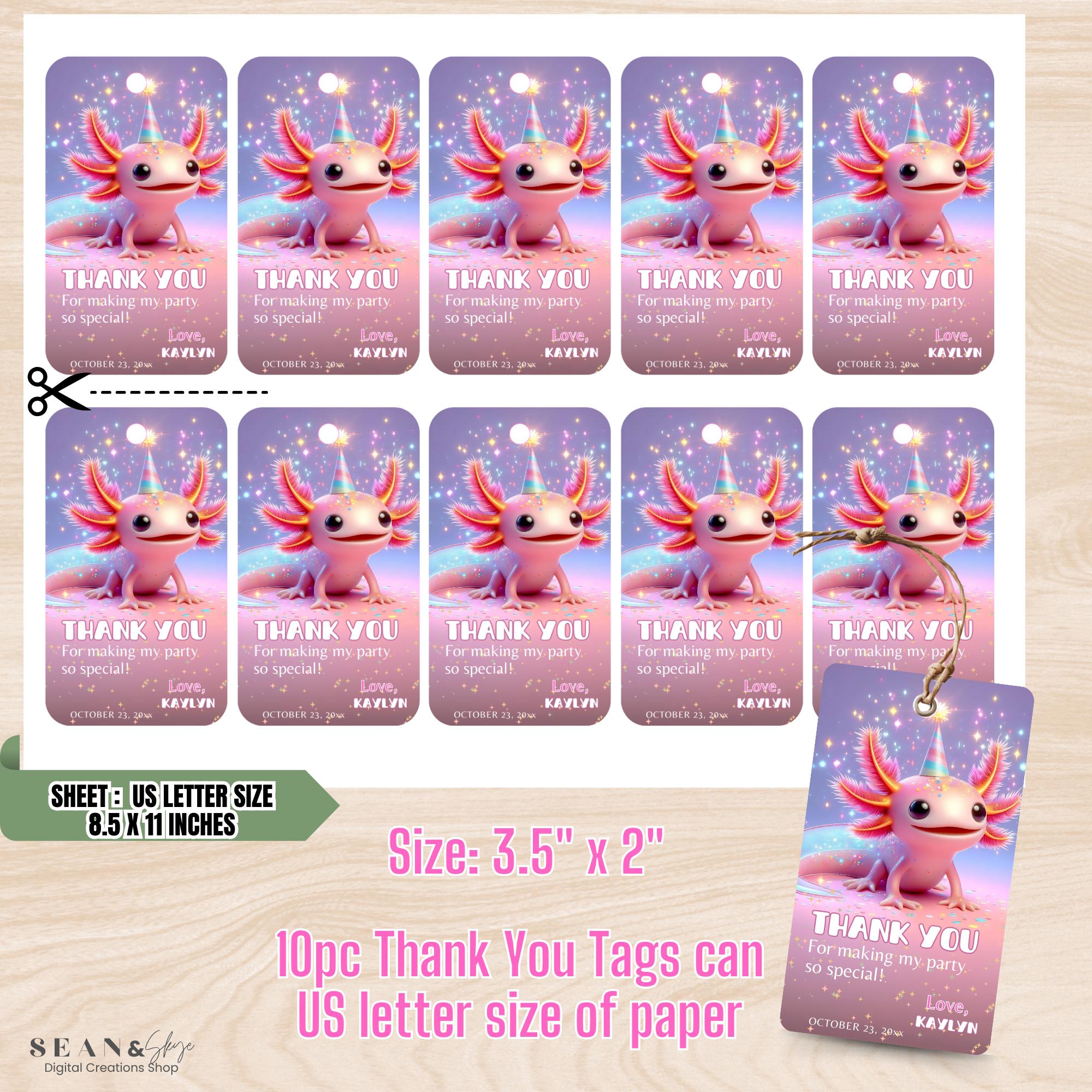 Editable Axolotl Thank You Tags,baby Axolotl, Kawaii Axolotl , Party ...