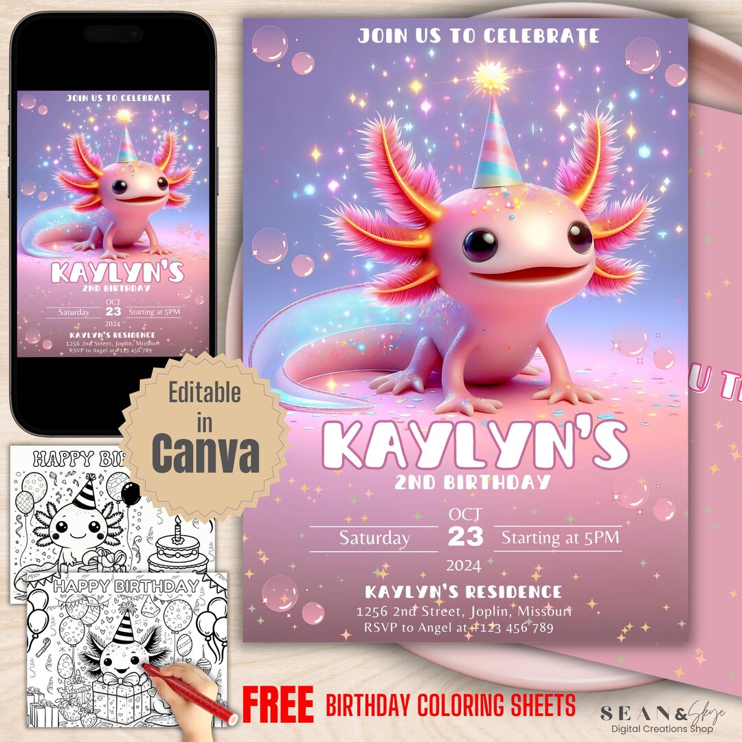 Invitación de cumpleaños editable de axolotl para niños, invitación de ...