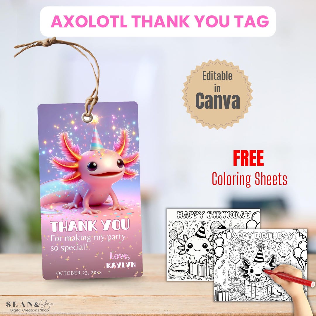 Editable Axolotl Thank You Tags,baby Axolotl, Kawaii Axolotl , Party ...