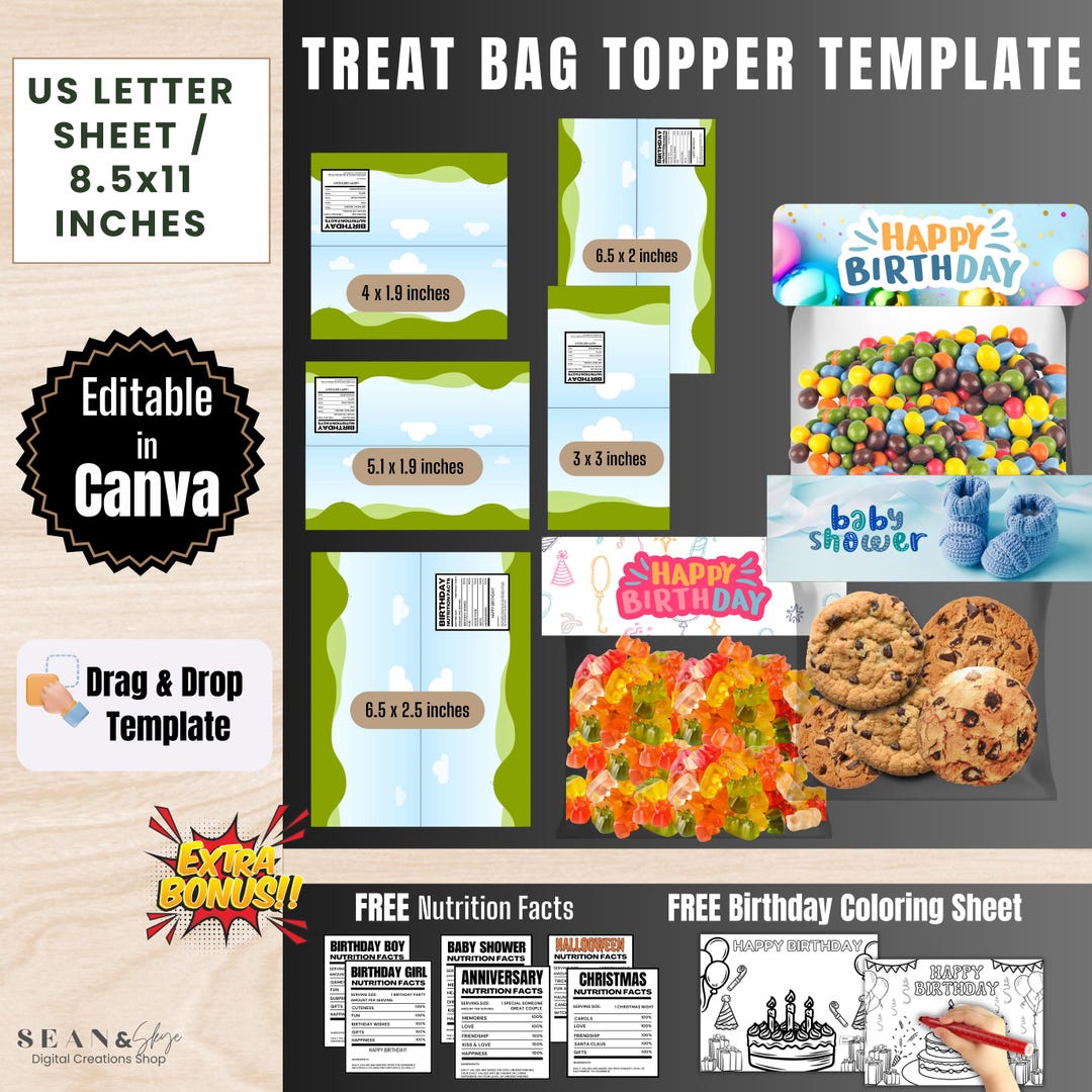 Treat Bag Toppers Template Bundle,party Favor Bag Template,custom Party ...