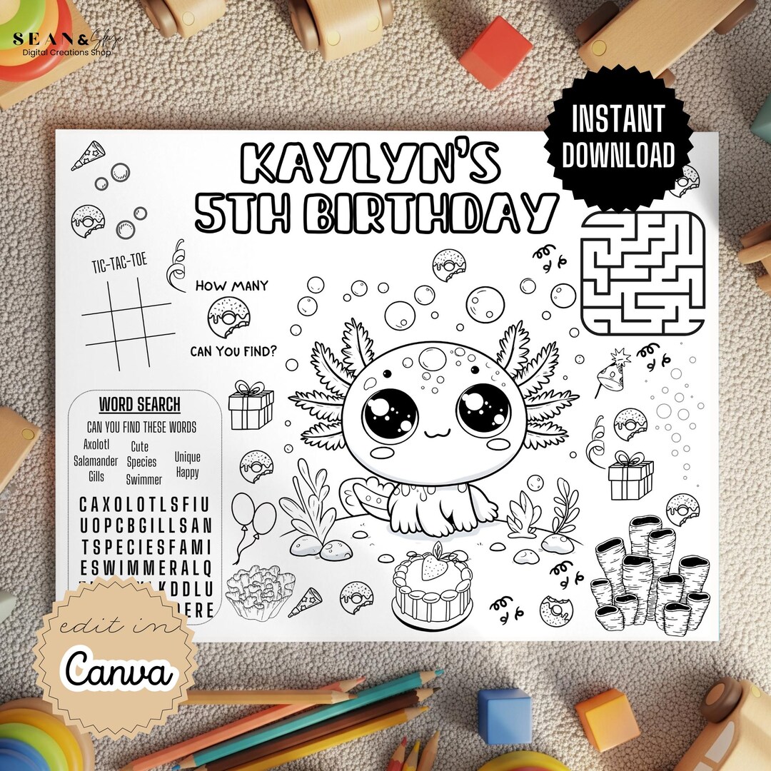 Axolotl Coloring Sheet for Kids Party, Axolotl Printable Party Activity ...