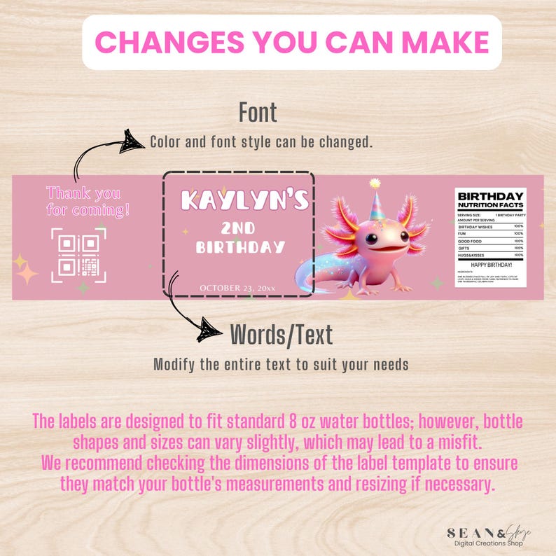 Editable Axolotl Water Bottle Label, Pink Girl Axolotl,axolotl Party ...