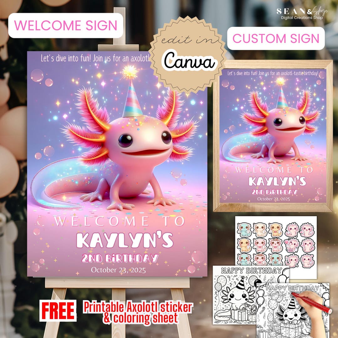 Editable Axolotl Welcome Sign Template, Kawaii Girl Axolotl ...