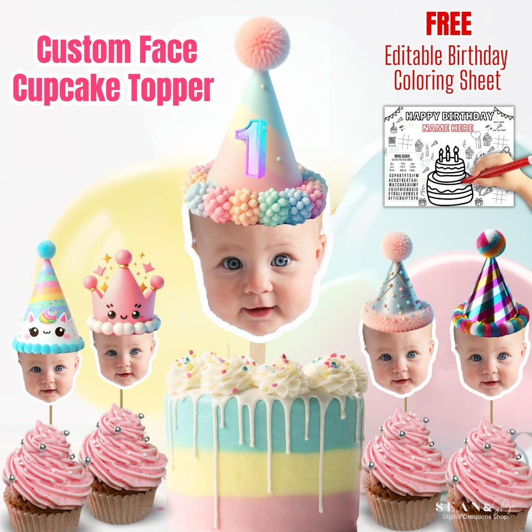 Custom Face Cake Topper, Printable Cupcake Toppers, Baby Face Birthday ...