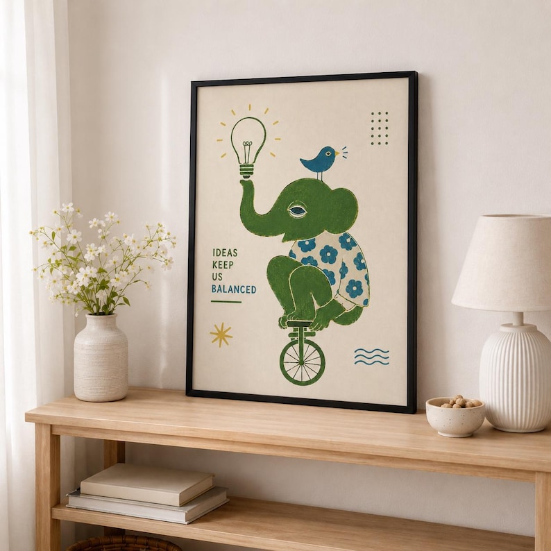 Whimsical Elephant Wall Art Print, Colorful Nursery Animal Poster ...