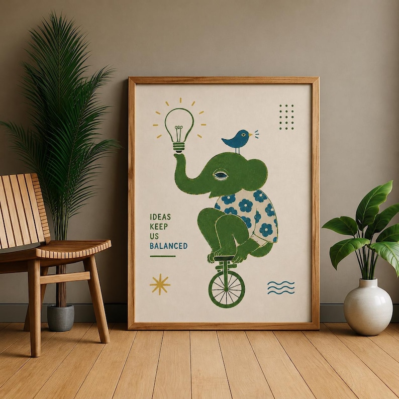 Whimsical Elephant Wall Art Print, Colorful Nursery Animal Poster ...