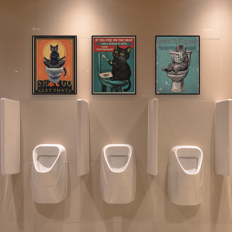Gray Tabby Cat Sitting on Toilet, Funny Toilet Printable Poster ...