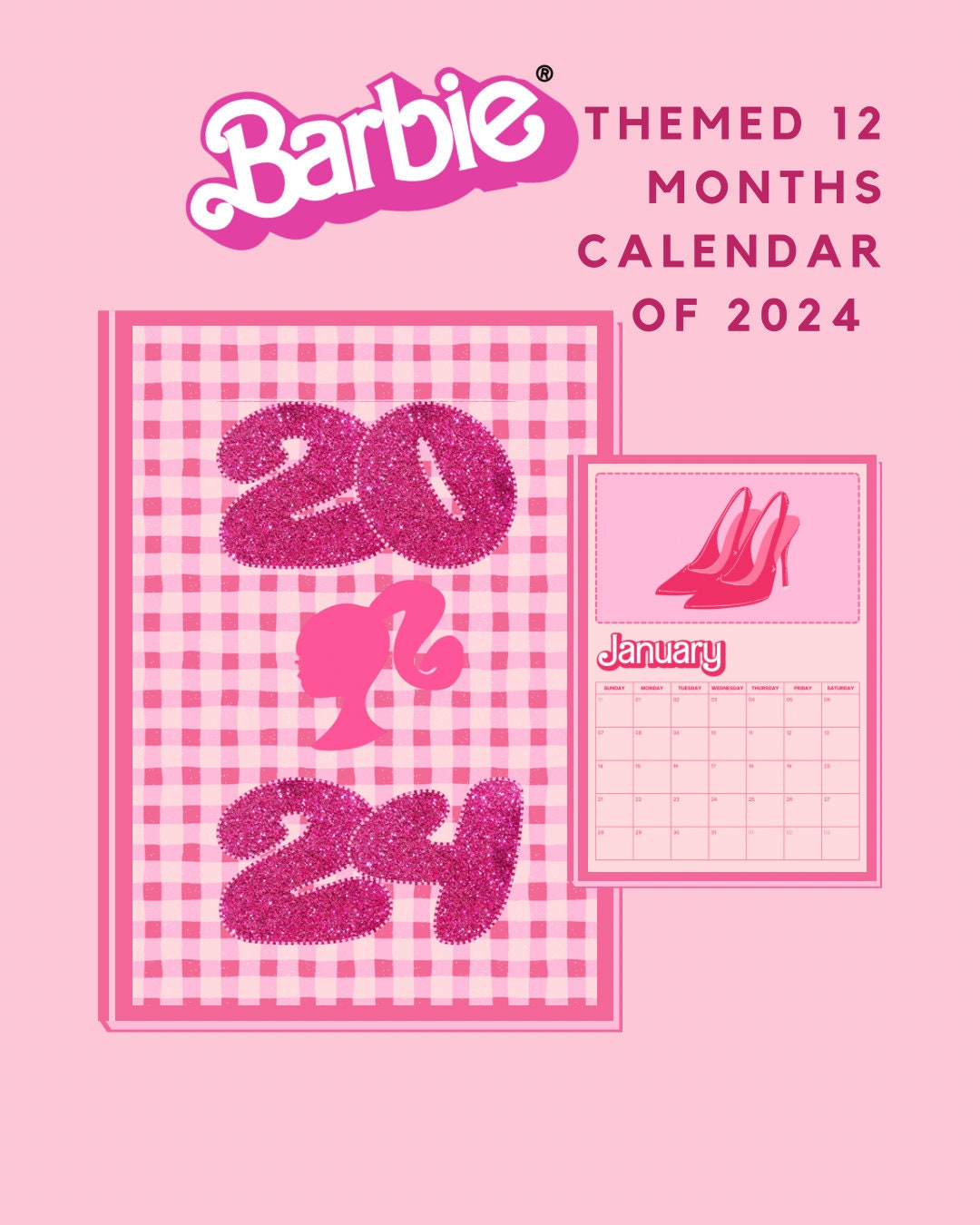 Barbie Themed Pink Calendar 2024 Printable 2024 Calendar January to ...