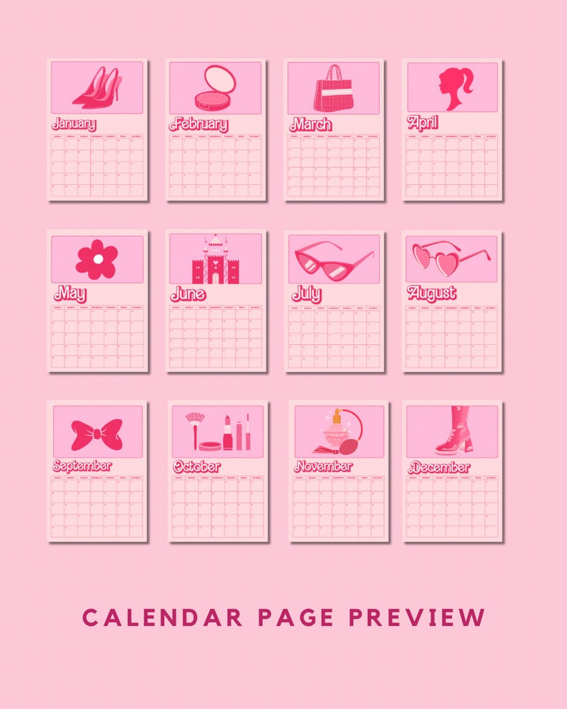 Barbie Themed Pink Calendar 2024 Printable 2024 Calendar January to ...