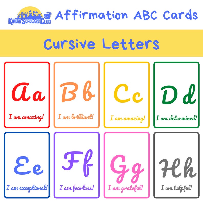 Alphabet Affirmations 26 Printable ABC Flash Cards With Cursive Letters ...