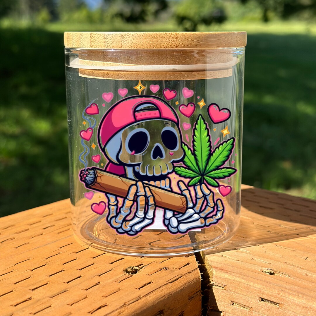 Happy Skeleton Stash Jar - 14 Oz Glass, Bamboo Airtight Container ...