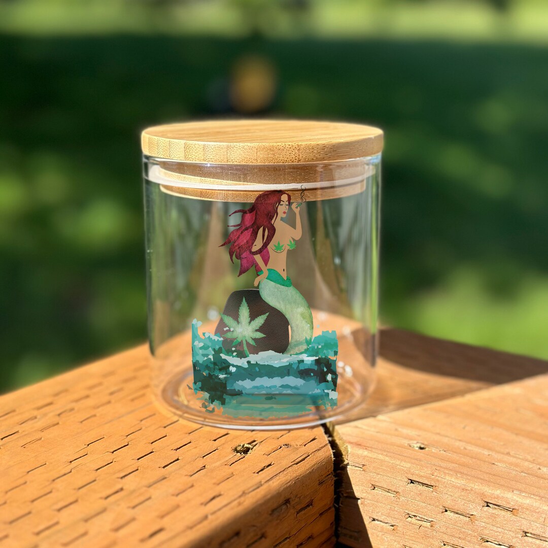 Weed Stash Jar Stoner Mermaid Design 14 Oz Glass & Bamboo Container for ...